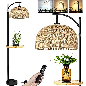 QIYIZM Floor Lamp for Living Room Bedroom with Table Shelves,Rattan Boho Arc Floor Lamps with Remote Dimmable Farmhouse Wood Shelf Attached Standing Lamp Wicker Bamboo Tall Lamp Floor Light Bohemian