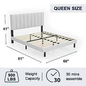 Molblly Queen Size Bed Frame Upholstered Platform with Headboard and Strong Wooden Slats,Mattress Foundation,Non-Slip and Noise-Free,No Box Spring Needed, Easy Assembly,White