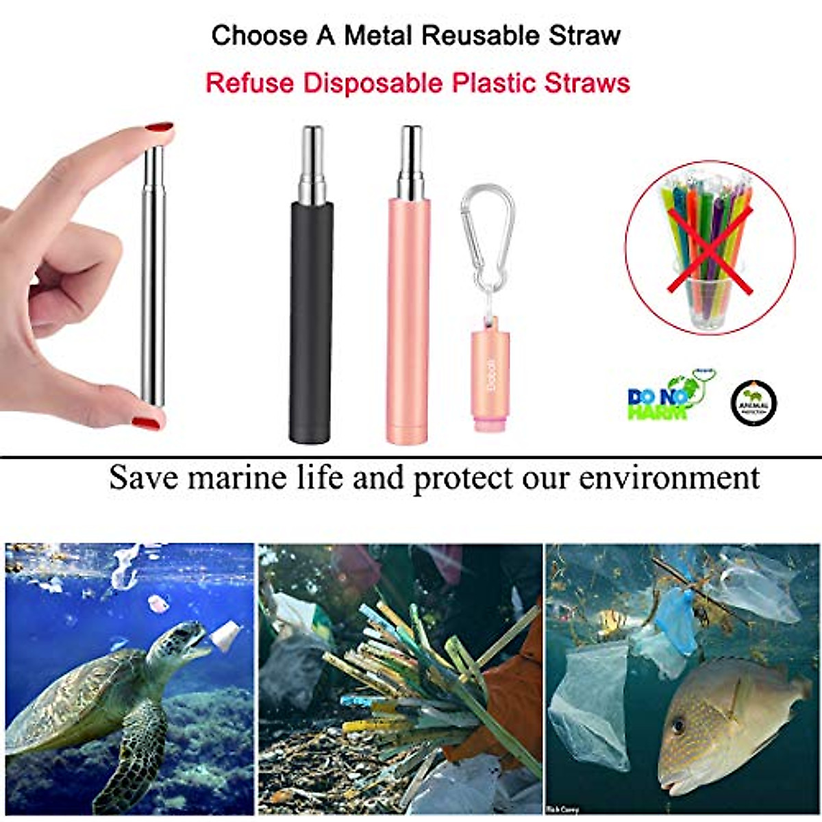 2 Pack Reusable Metal Straws Collapsible Stainless Steel Drinking Straw Travel Portable Telescopic Straw with Case,2 Cleaning Brushes Included Black/Rose Gold