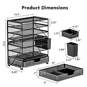 Simple Trending 4-Trays Mesh Office Supplies Desk Organizer, Desktop Hanging File Holder with Drawer Organizer and Vertical Upright Section for Office Home, Black