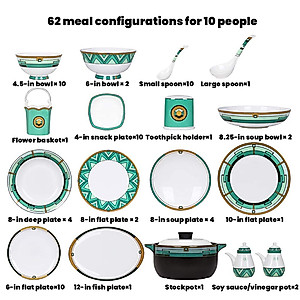 Tabletop Dinner SetsHome Tableware Set Ceramics Dinner Sets, Plate/Bowl/Soup Pot | 62 Pieces Upscale Bone China Dinnerware Set - Green Pattern Porcelain Combination Set for Restaurant