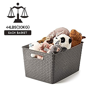 EZOWare 3 Pack X-Large Gray Woven Plastic Storage Baskets, Organizer Knit Basket Bin Boxes with Handle - 16.5x11.4x8.7 inch