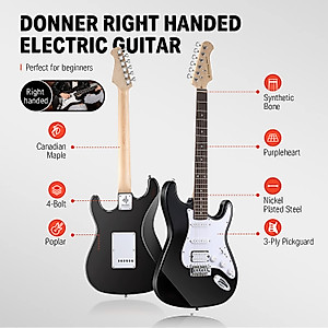 Donner DST-100B 39 Inch Electric Guitar Beginner Kit + Guitar Cable 10 ft Black White