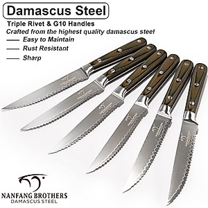 Damascus Serrated Steak Knife Set of 6 with Case, 5 Inch Serrated Steak Knife, 67 Layers Steel Blades Hand-sharpened to 15°, Non-slip G10 Ergonomic Triple Rivet Handle for Gift, Natural Wooden Box
