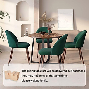 INO Design 5-Pieces Modern 35'' Inch Round Wooden Dining Table Set for 4 Comfortable Velvet Chairs, Space Saving Kitchen Furniture, Small Apartment Coffee Table Set (Green)