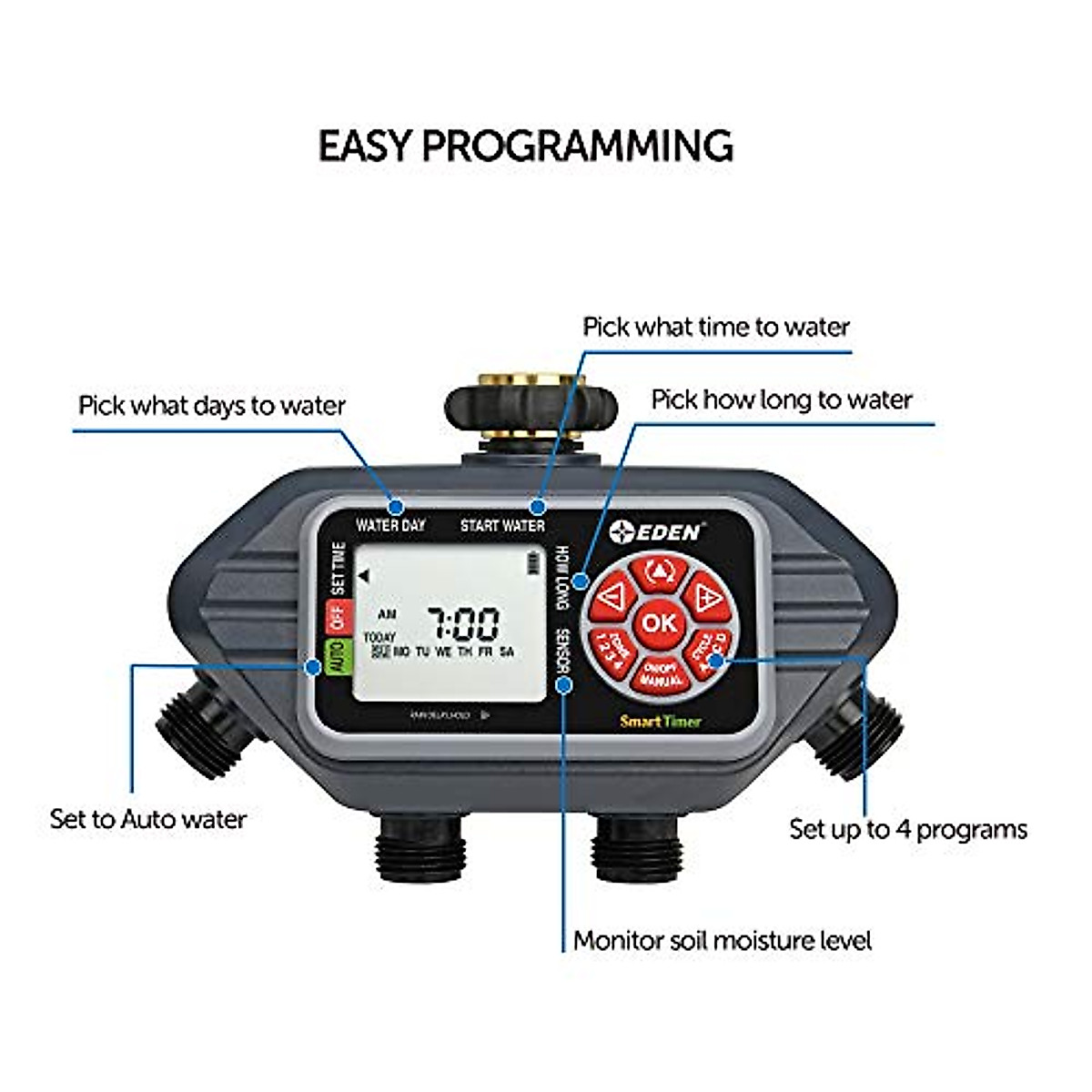 Eden 93413 Programmable Digital Water Timer 4-Zone, Compatible with Wireless Soil Moisture Sensor