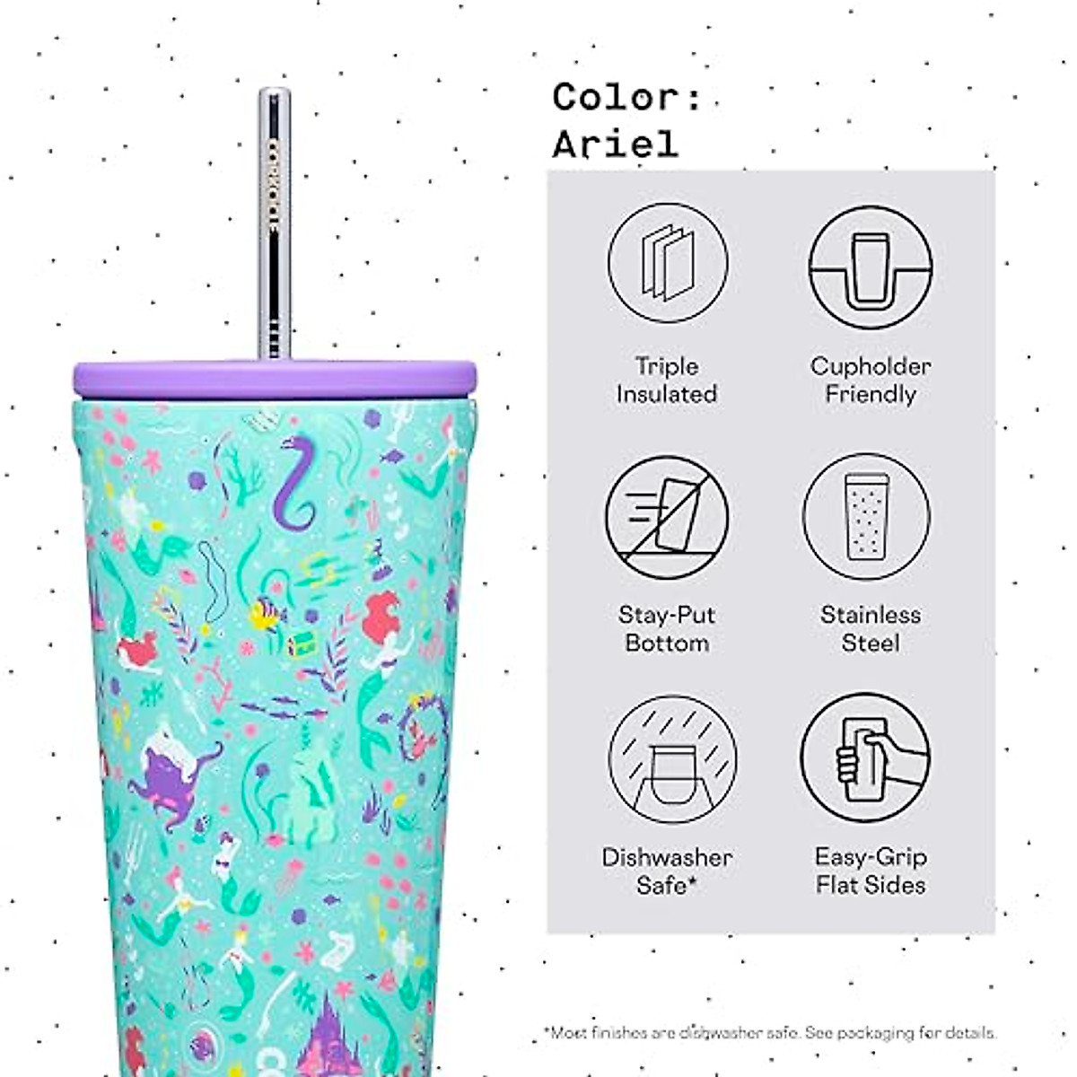 Corkcicle x Disney Princess Ariel Cold Cup Insulated Tumbler with Lid and Straw, 24 oz – Reusable Water Bottle Keeps Beverages Cold 12hrs, Hot 5hrs – Cupholder Friendly, Lid for Flexible Sipping