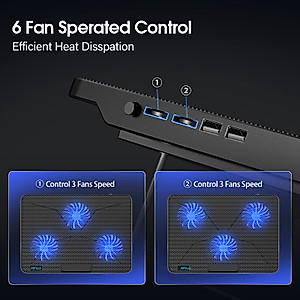 Laptop Cooling Pad, Gaming Laptop Cooler with 6 Quiet Fans, Laptop Fan Cooling Pad Fits 12-17 Inch Laptop, USB Port Powered, 7 Adjustable Height