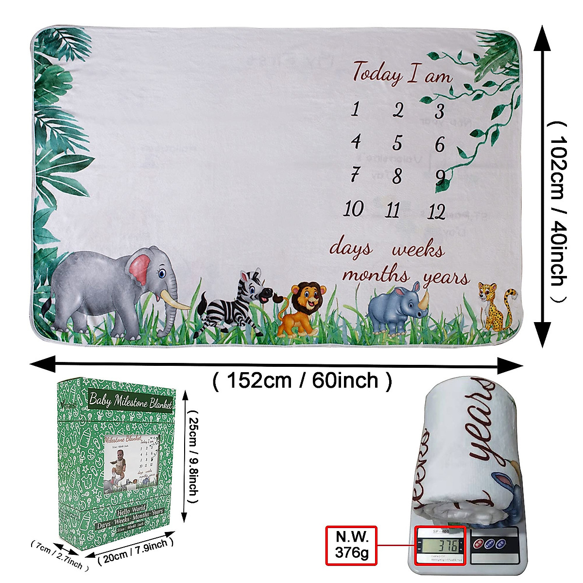 vmaisi Baby Milestone Blanket Gifts - Newborn Boy & Girl Monthly Year Infant Growth Blankets Nursery Swaddling Blankets (Green Animals - Baby, Double Printed)