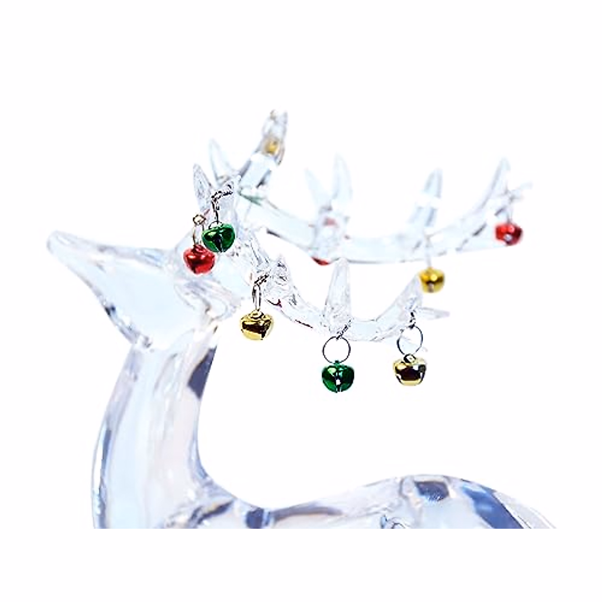 Christmas Reindeer Set of 2 in Clear Acrylic, Christmas Jingle Bells on Antlers, Holiday Deer Figurines, 10 and 11 Inches High, Cut Glass Appearance