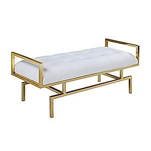 Iconic Home Bruno PU Leather Modern Contemporary Tufted Seating Goldtone Metal Leg Bench, White