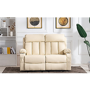 MCombo 61" Power Loveseat Recliner, Electric Reclining Loveseat Sofa with Heat and Vibration, Cup Holders, USB Charge Port for Living Room Faux Leather 6075 (Cream White, Loveseat Recliner)