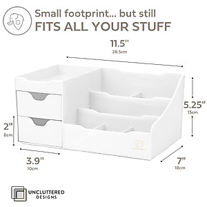 Uncluttered Designs Makeup Organizer With Drawers — Modern Countertop Storage for Cosmetics — Chic Vanity Holder for Perfume, Skincare, Brush, Lipstick, Nail Polish Organization and Display (White)