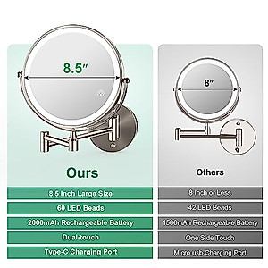 GREENFROM Rechargeable Wall Mounted Makeup Mirror Brushed Nickel, 8.5'' Magnifying Mirror with Lights Double-Sided 1X/10X 360° Rotation Extension Bathroom Shaving Mirror with Foldable Arm
