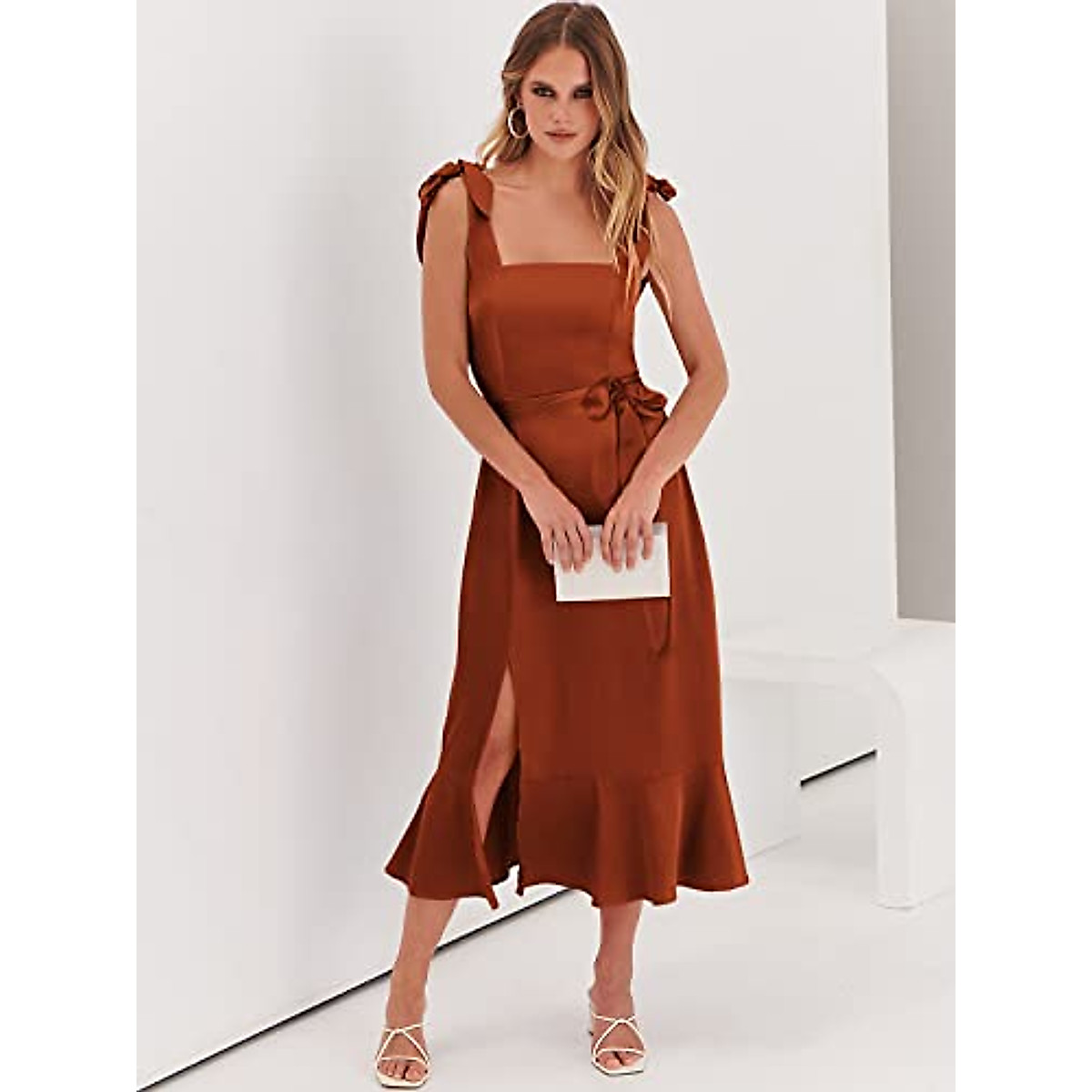 ANRABESS Women's Satin Formal Dress Square Neck Ruffle Split Midi Bridesmaid Dress for Wedding Guest Cocktail Party A1008jiaotang-M Caramel