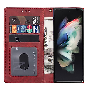 XIMAND for Samsung Galaxy Z Fold 5 5G Phone Case, Zipper Slot Card Wallet Case with Luxury Shockproof Cowhide Leather, [RFID Blocking] Folio Flip Cover Protective(Red)