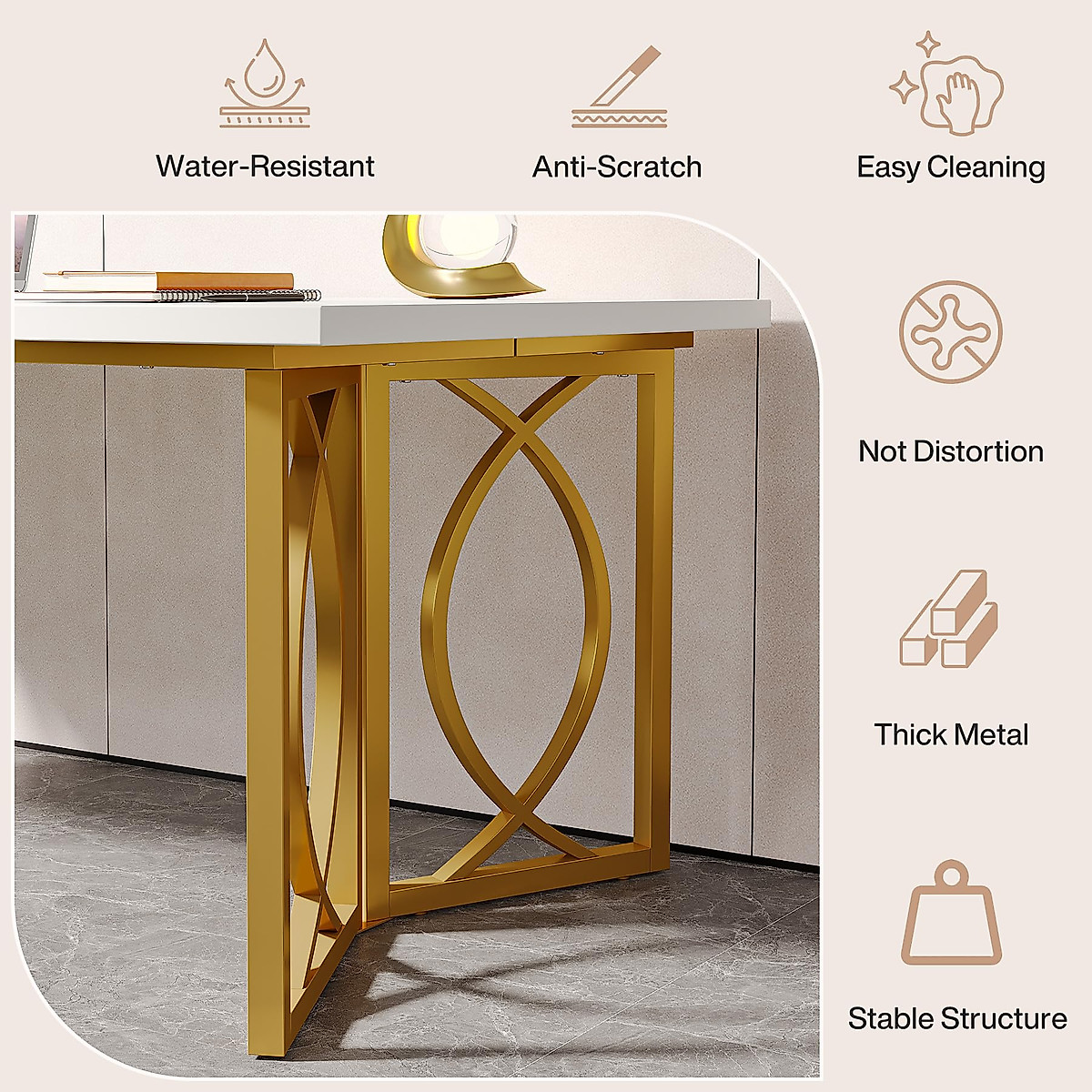 Tribesigns 70.9 inch Modern Simple Home Office Desk for Study, Large Computer Desk Office Desks Wood Study Writing Table Business Workstation with Golden Sturdy Metal Frame for Bedroom, White Gold