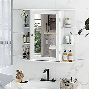 Tangkula Bathroom Medicine Cabinet with Mirror, Wall Mounted Bathroom Storage Cabinet with Mirror Door & 6 Open Shelves, Adjustable Shelves, Mirror Cabinet, Bathroom Wall Cabinet with Mirror (White)