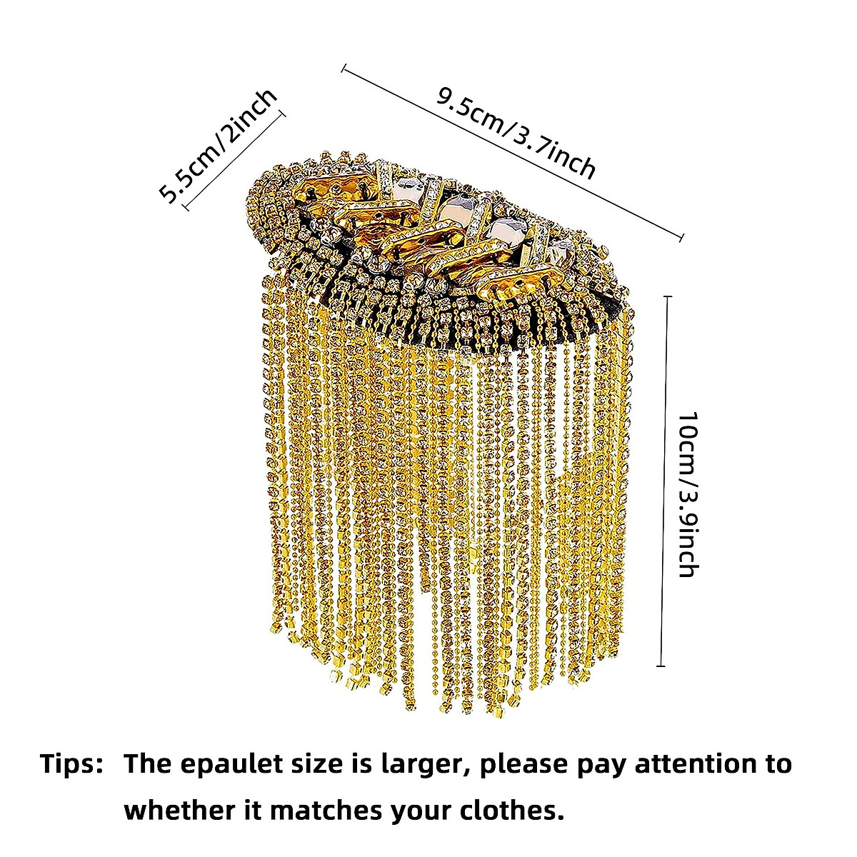 IUASZZ 2 Pieces Tassel Epaulets Metal Fashion Shoulder Jewelry Rhinestones Cloth Accessories Brooches for Women, 2.2×4in (Gold)