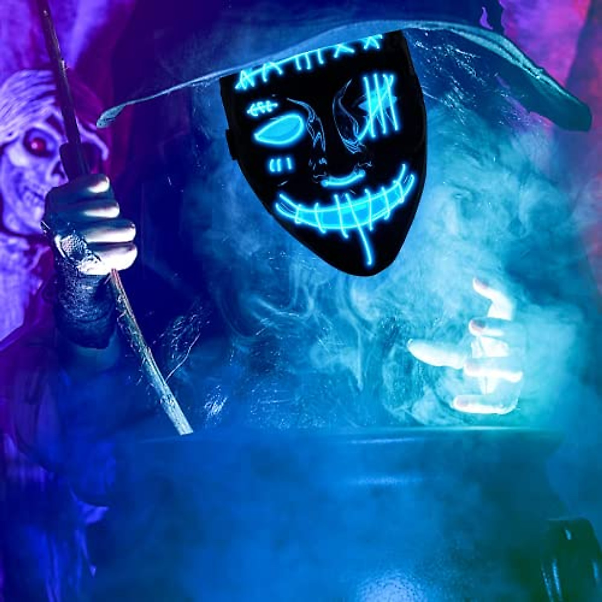 Plusheddy Halloween LED Scary Mask, Light up Halloween Face Mask- Mask Cosplay Decoration for Festival Party Carnival Cosplay Halloween, Blue
