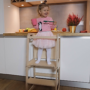 Foldable Montessori helper tower - Table & Chair with Chalkboard All-In-One (Natural lacquered)