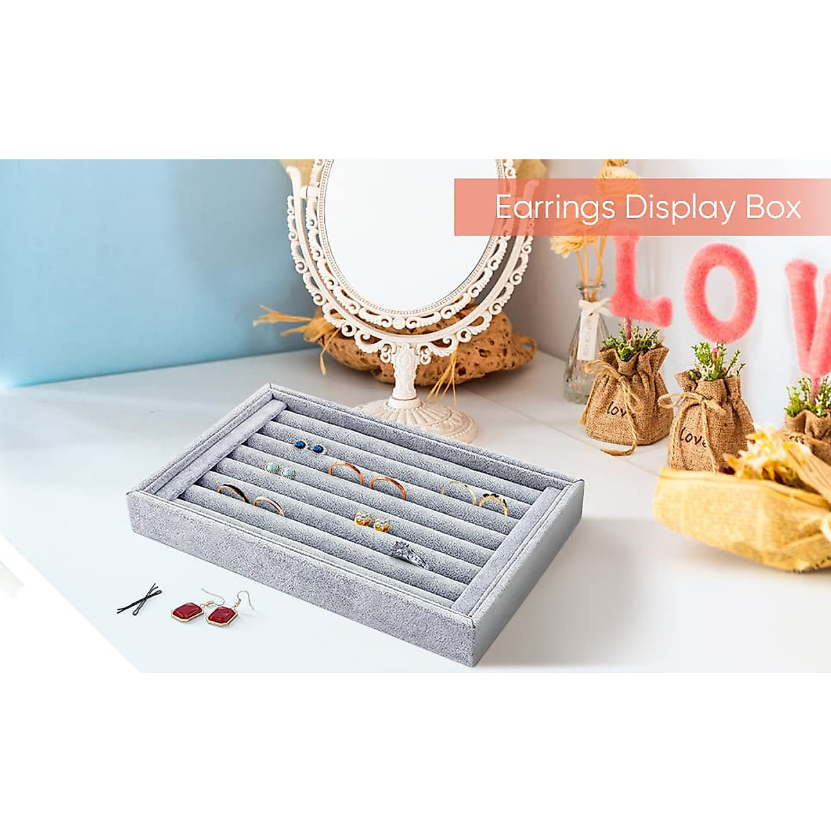 Yosoo Rings Display Case Jewelry Organizer Inserts Box Cufflinks Storage Tray 23 x 15cm / 9 x 5.9inch Modern Design Coated with Black Velvet Jewelry Protection, Gray