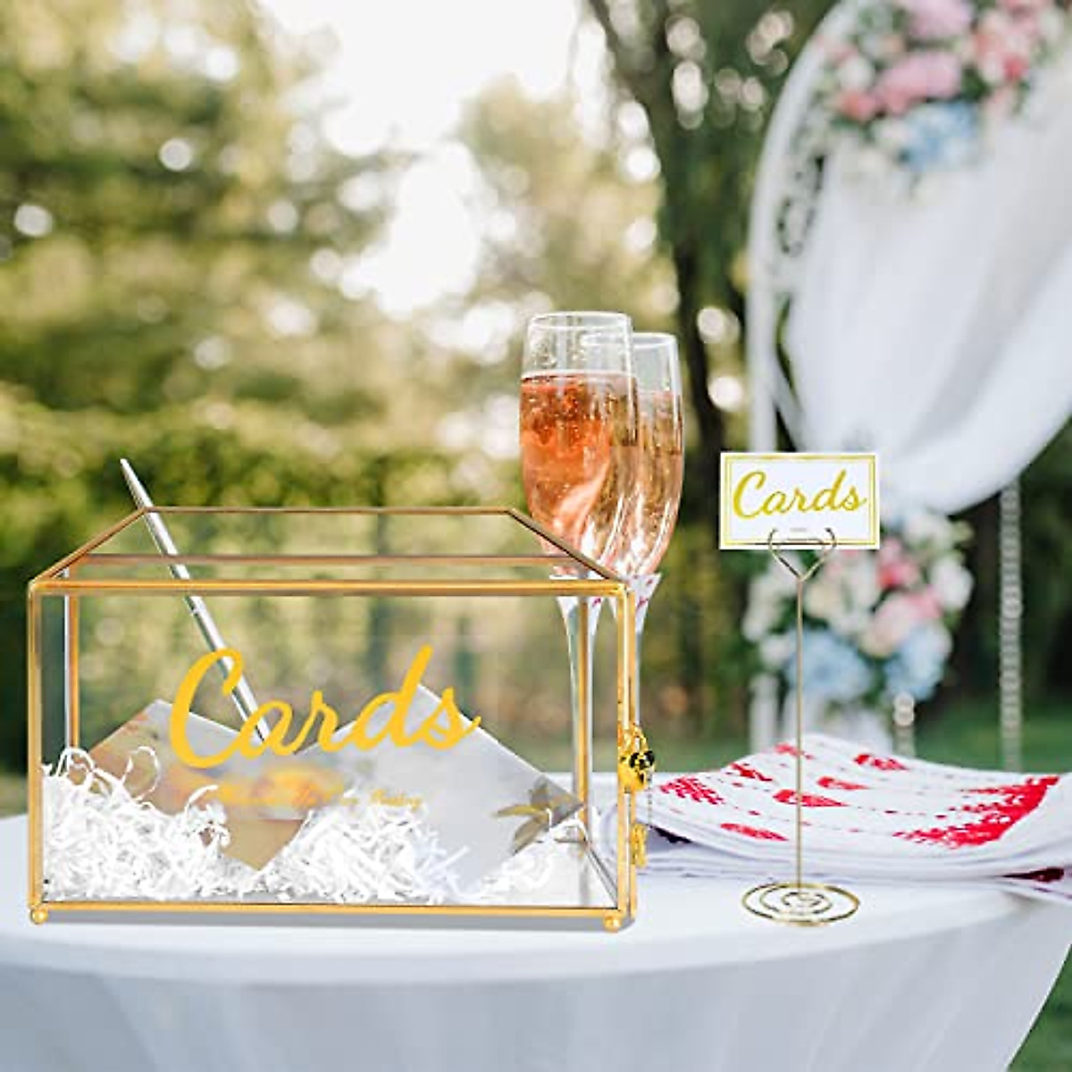 Ripprovt Glass Wedding Card Box with Lock, 12.6x5.9x9 inches Large Gold Card Boxes for Wedding Reception, Keepsake Display, Graduation, Party Centerpiece Decorative Box