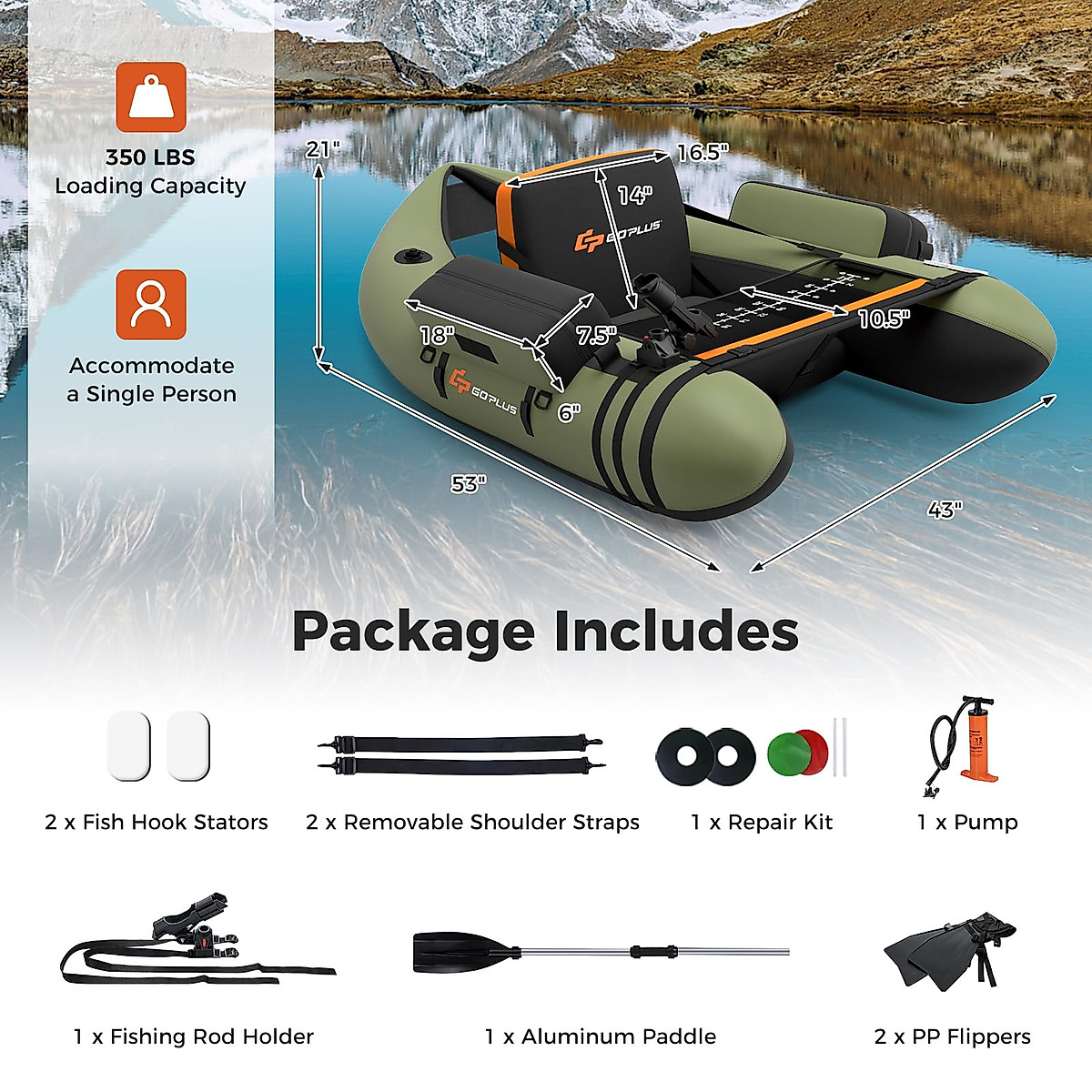 Goplus Inflatable Float Tube, Fishing Belly Boat w/Paddle, Flippers, Fish Ruler, Pump, Storage Bag, Adjustable Straps, 350LBS Load Capacity (Green, W/Rod Holder)