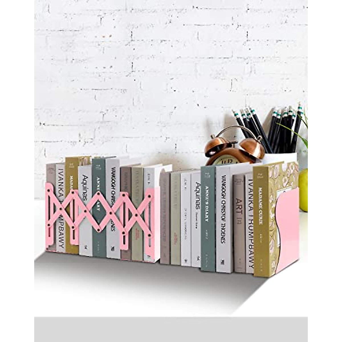 Adjustable Bookends, Metal Book Ends for Shelves Heavy Book, Desk Magazine File Organizer for Home, Office, Books, Papers, Extends up to 19 inches (Pink)