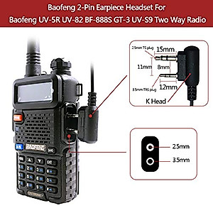 BAOFENG Walkie Talkie Earpiece with Mic 2 Pin K Port Headset UV-5R BF-F8HP 5RM UV-21R UV-5G Plus GM-5RH K5PLUS AR-152 UV-17R BF-888S GM-15PRO UV-S9 Plus Etc (10Pack)