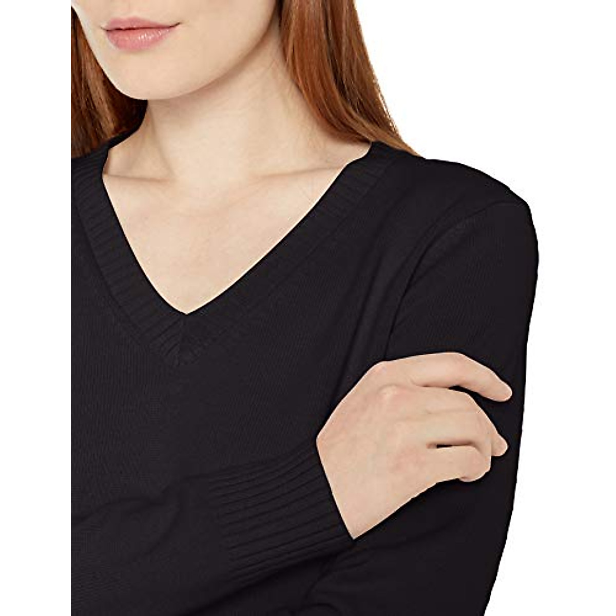 Amazon Essentials Women's 100% Cotton Long-Sleeve V-Neck Sweater, Black, Large