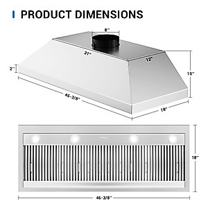 CT Copper Tailor Built-in Range Hood Insert Vent 48 Inch, 1150 CFM with 4-Speed Fan, LED Light, Dishwasher-safe Baffle Filter,Stainless Steel