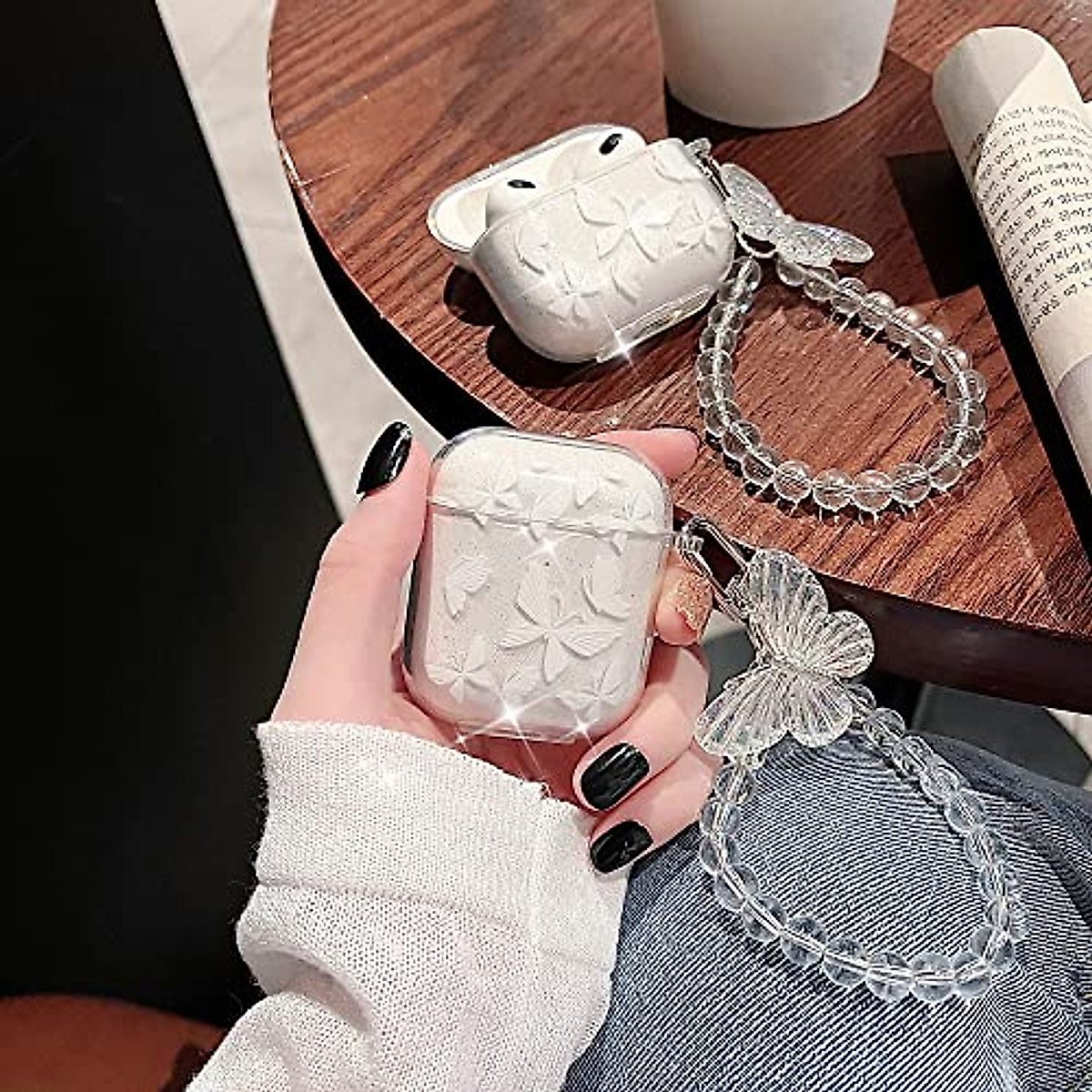 Srddty Compatible with AirPods Case Cute Clear Glitter, Shockproof Soft TPU Protective Airpod Case Cover for Girls Women with Keychain Designed for AirPods 1st & 2nd Generation, Butterfly