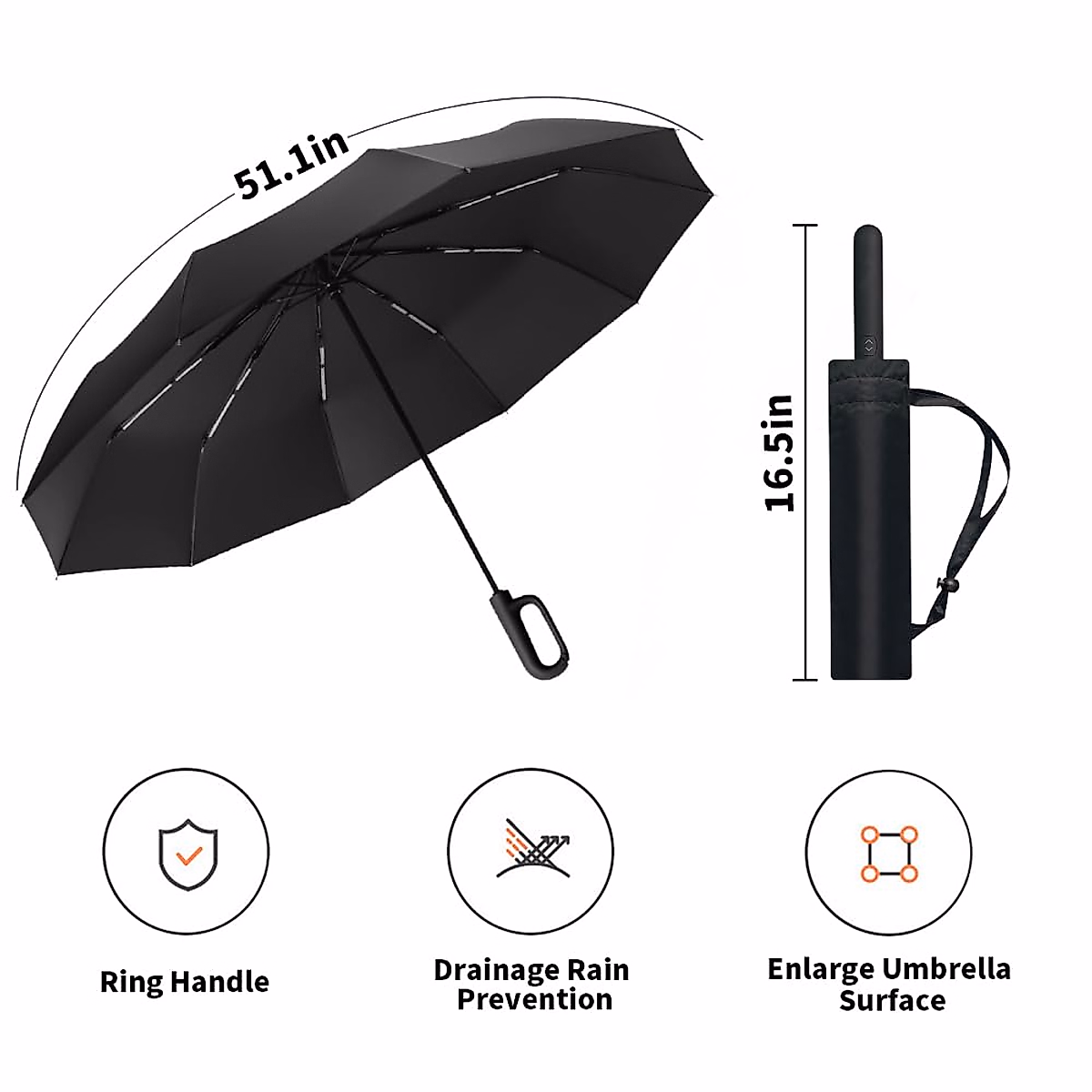 Dlin Windproof Travel Umbrella Automatic Umbrellas for Rain, 10 Ribs Compact Folding Umbrella for Rain, Large Umbrella, Portable Waterproof Umbrellas for Men and Women.