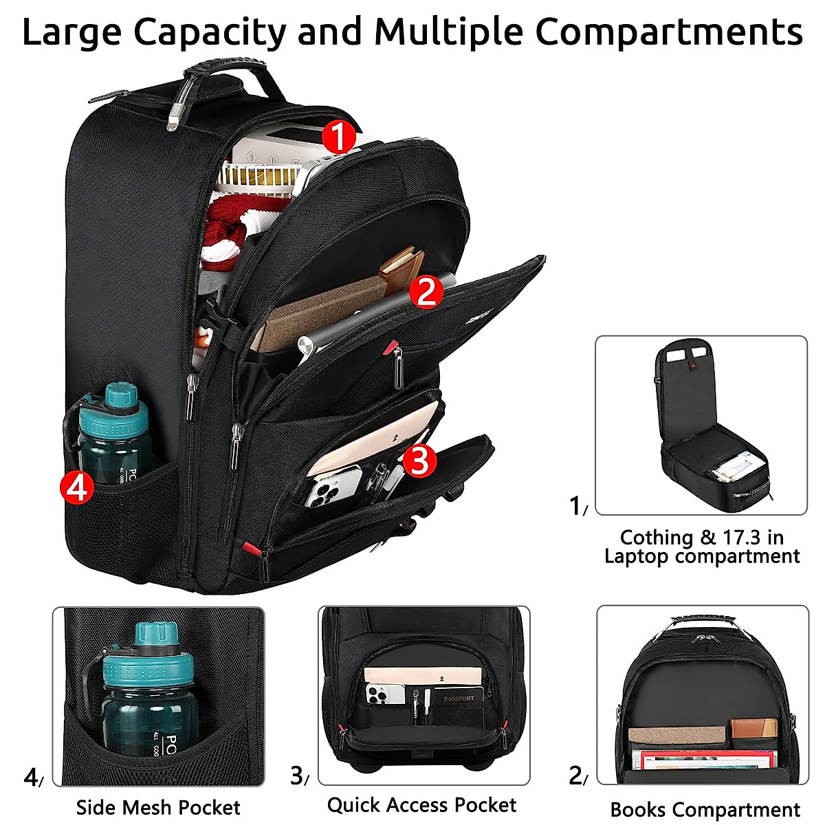 Rolling Backpack, ZOMFELT Wheeled Backpack with 3 Travel Luggage Organizers, Water Resistant Rolling Laptop Backpack for Travel Work College, Luggage Business Bag for Men Women Fits 17.3 Inch Notebook