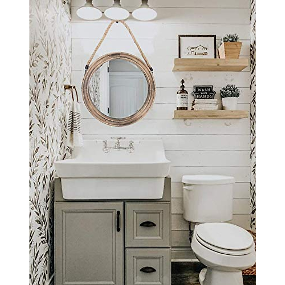 Funly mee 16.2 Inch Rustic Round Decorative Mirror with Solid Wood Frame&Rope Hanging,Farmhouse Antique Wall Decor (L)