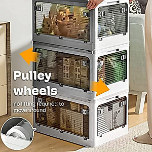 WYZworks Collapsible Storage Boxes with 5 sides Opening - Foldable Stackable Plastic Storage Box Tote w/Wheels Designed for Clothing, Snack Pantry, Toys, Side Latching Locks - 42L - White