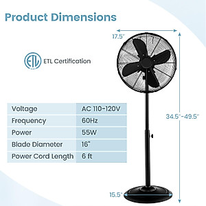ARLIME Pedestal Fan, 16 Inch Oscillating Fan w/ 3 Speeds & Adjustable Height, 75° Oscillation & 20° Tilt, Heavy Duty Metal Aluminum Blades, Standing Fan for Bedroom, Home Office, Garage (Copper)