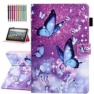 YUNHOTIC Case for All-New Amazon Fire HD 8 & 8 Plus (12th/10th Generation, 2024/2022/2020 Release), Pen Holder, Premium PU Leather Stand Cover with Smart Auto Wake/Sleep, Butterfly