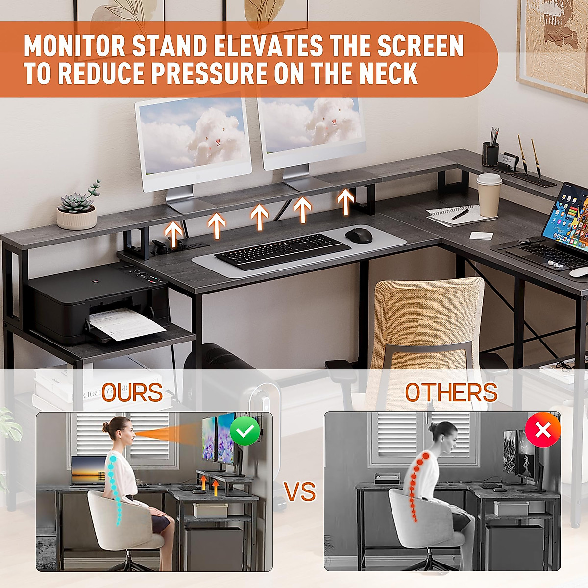 IDEALHOUSE L Shaped Desk - 76" Reversible L Shaped Computer Desk with File Drawer, Office Desk with Power Outlet, L Shaped Gaming Desk with Monitor Shelf, Corner Desk for Home Office, Grey Oak