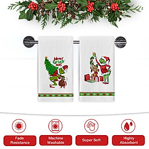 Seliem Merry Christmas Decorative Kitchen Dish Towel, Funny Red Green Xmas Tree Dog Bath Fingertip Towel Tea Bar Hand Drying Cloth, Winter Holiday Puppy Farmhouse Decor Home Decorations 18 x 26 Inch