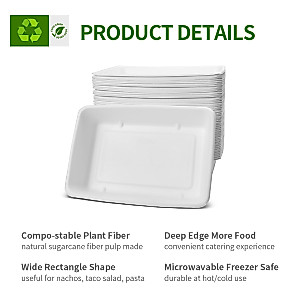 AICHEF 50 Pack 30 oz Compostable Deep Dish Plates, Rectangle Deep Disposable Plates Trays for Burger, Nacho, Taco Salad, Popcorn Snack - 9x6x1.8 inch