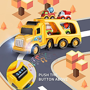 Construction Truck Toys for 1 2 3 4 5 6 Year Old Boys, 5-in-1 Friction Power Toy Vehicle in Carrier Truck Toys for Kids 3-5 Years, Car Toys Set for Age 3-9, Christmas Birthday Gifts