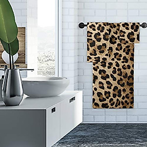 CaTaKu Towels Set 3-Piece Leopard Towel Bathroom Sets 1 Bath Towel 1 Washcloth 1Hand Towel Animal Print Towel Set of 3 Soft Multifuntion for Home Kitchen Hotel Gym Swim Spa.