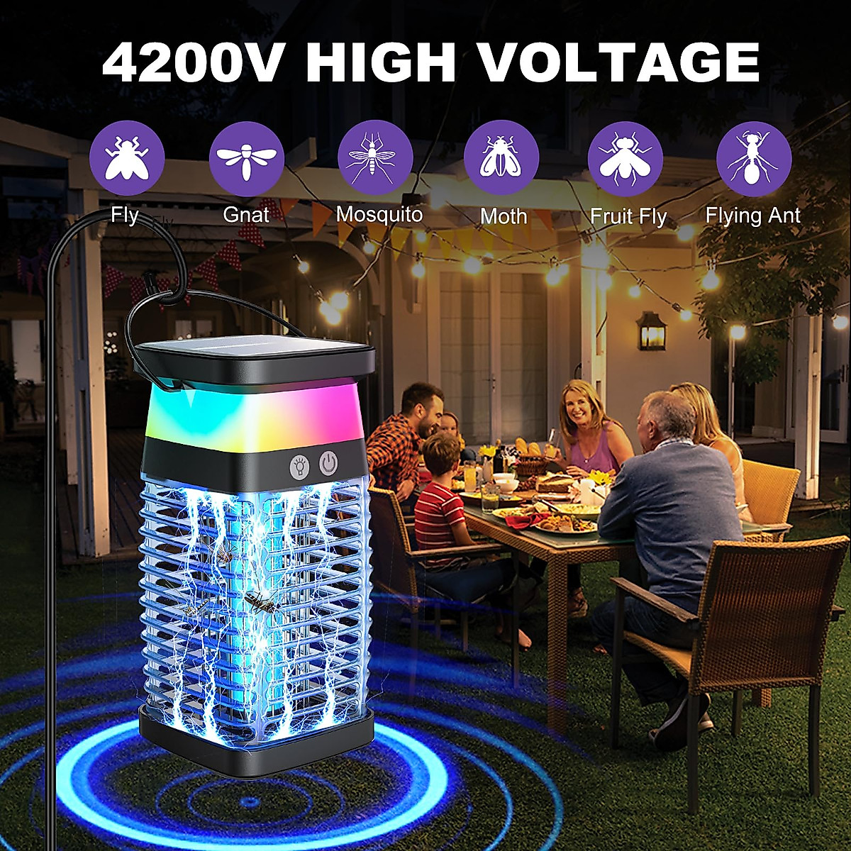 Solar Bug Zapper Outdoor,Portable Mosquito Zapper, Indoor Mosquito Zapper Rechargeable,IP68 Waterproof Electric Mosquito Trap Fly Zapper with RGB Light for Patio,Camping,Home,Backyard,Garden