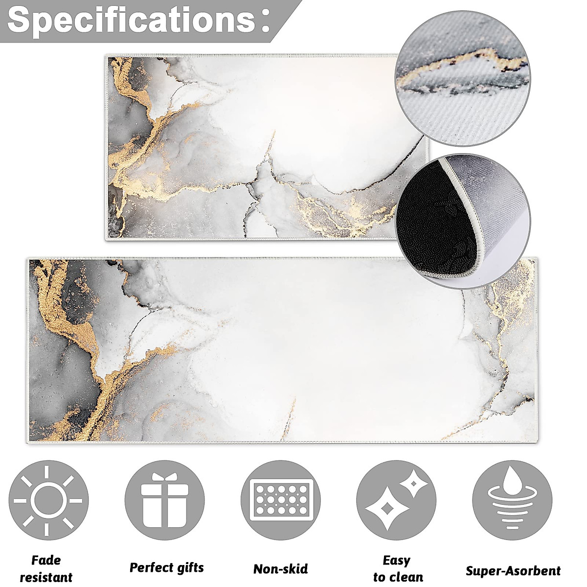 OBUSATT Marble Kitchen Rug and Mat Non-Slip Washable Marble Farmhouse Mats for Absorbent, Easy Clean Thick Kitchen Mat Set for Home, Office, Sink, Laundry Floor