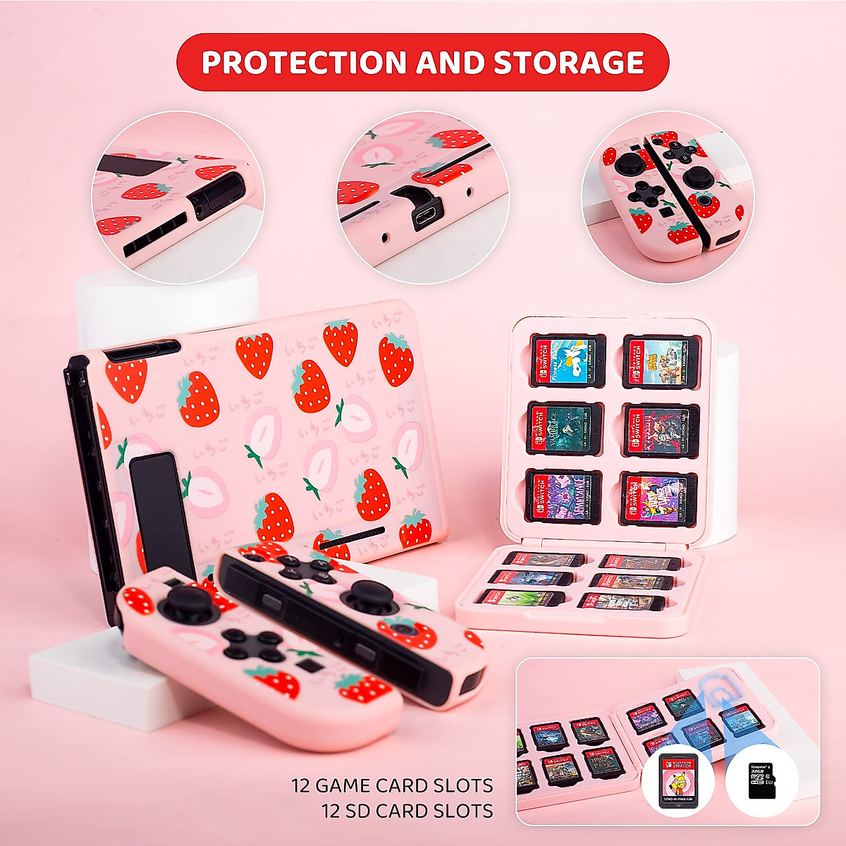 RHOTALL Cute Strawberry Carrying Case for Nintendo Switch, Hard Portable Travel Case for Switch Accessories with Protective Shell, Shoulder Strap, Game Card Case, Screen Protector and 2 Thumb Caps