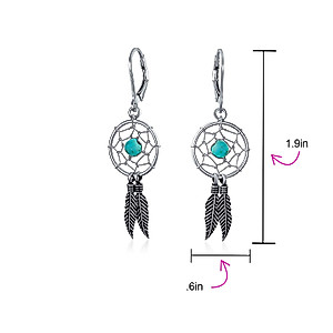Blue Turquoise Western Jewelry Native American Indian Dream Catcher Feather Dangle Earrings For Women Teen .925 Sterling Silver