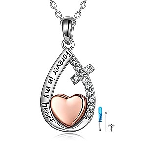 HUKKUN Urn Necklace for Women Sterling Silver Rose Gold Heart Cremation Jewelry for Ashes Teardrop Memorial Gift for Mother