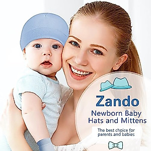 Zando Baby Hats and Mittens Unisex Infant Beanie Caps Newborn Hospital Hat with Scratch Mitten Set for Baby Boys Grils 4 Pack 2 One Size